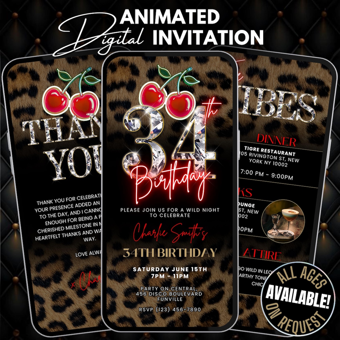 34th Cheetah Print Birthday Invitation & Vibes Leopard Print Evite ...