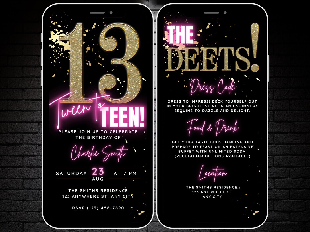 Girls 13th Birthday Invitation Template, Digital Tween to Teen Birthday ...