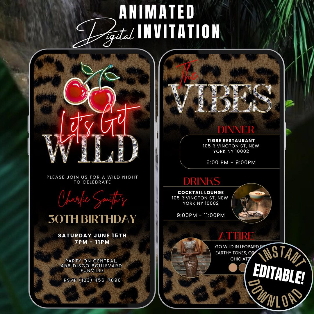 Cheetah Print Lets Get Wild Birthday Dinner & Drinks Invitation ...