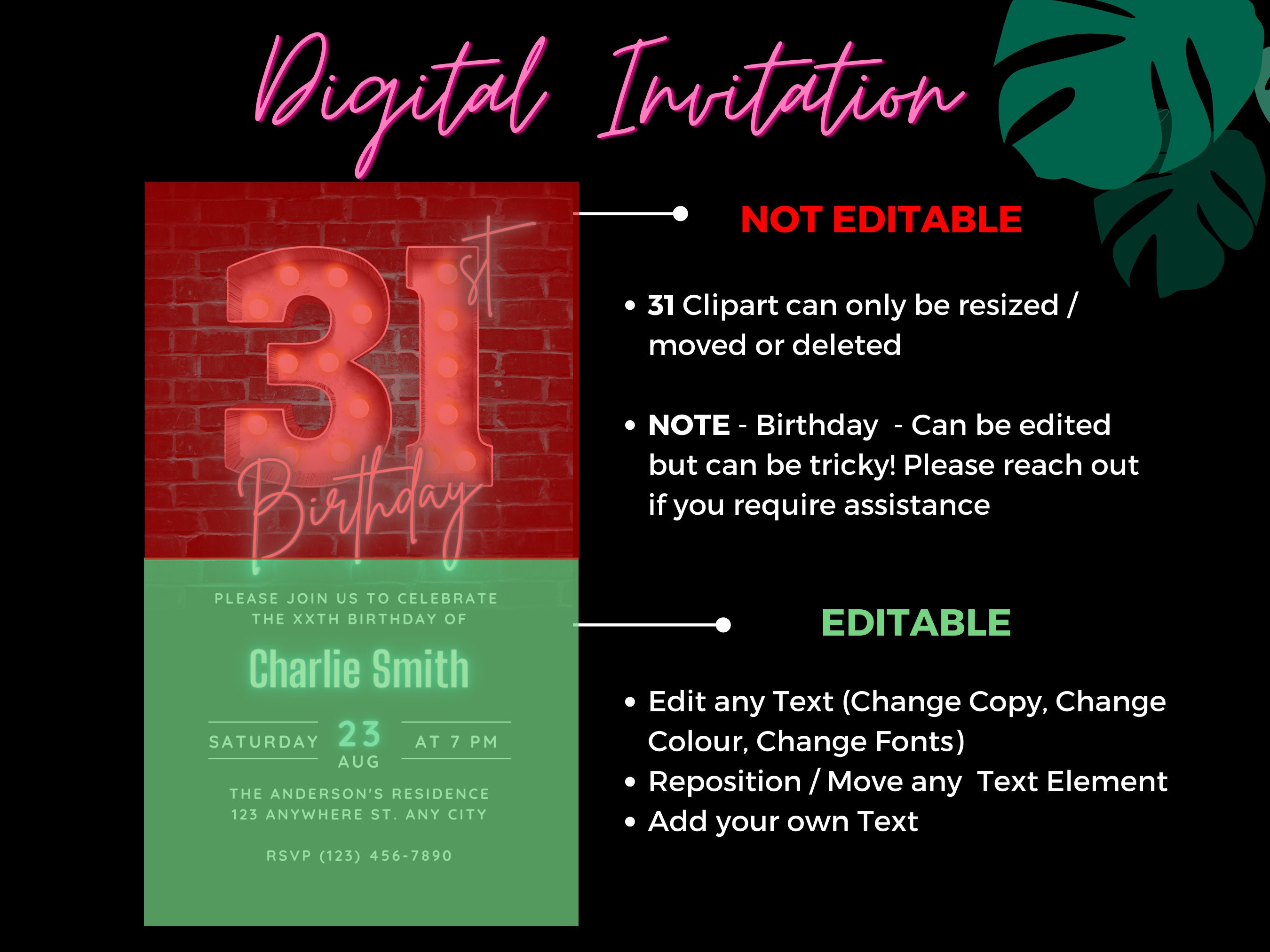 Editable 31st Birthday Invitation for Women Men Digital - Etsy