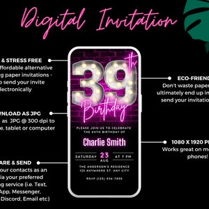 Editable 39th Birthday Invitation for Women Digital Template, Adult ...