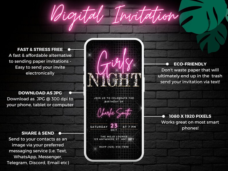 Glam Girls Night Out Digital Invitation, Fun Birthday Invite Neon Pink ...