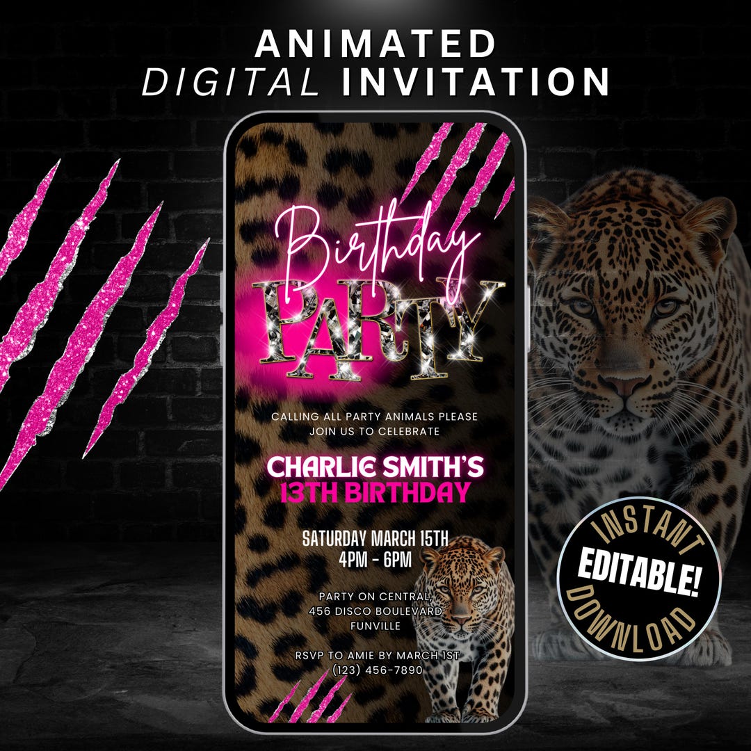 Cheetah Print Birthday Party Invitation Animated Hot Pink Party Animal ...