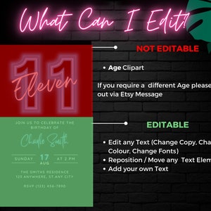 Animated 11th Birthday Invitation Template for Boys, Editable 11th Birthday Party Invite Neon ...