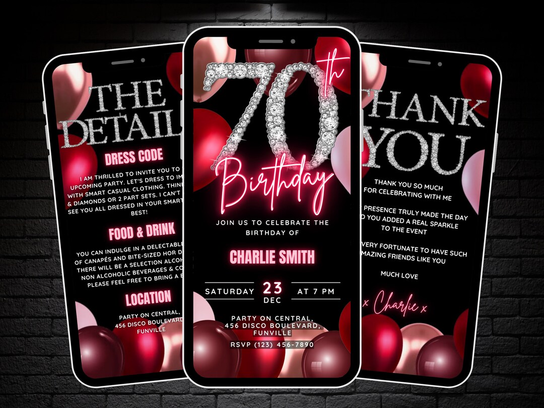 Womens 70th Birthday Digital Invitation Template, Editable Animated Red ...