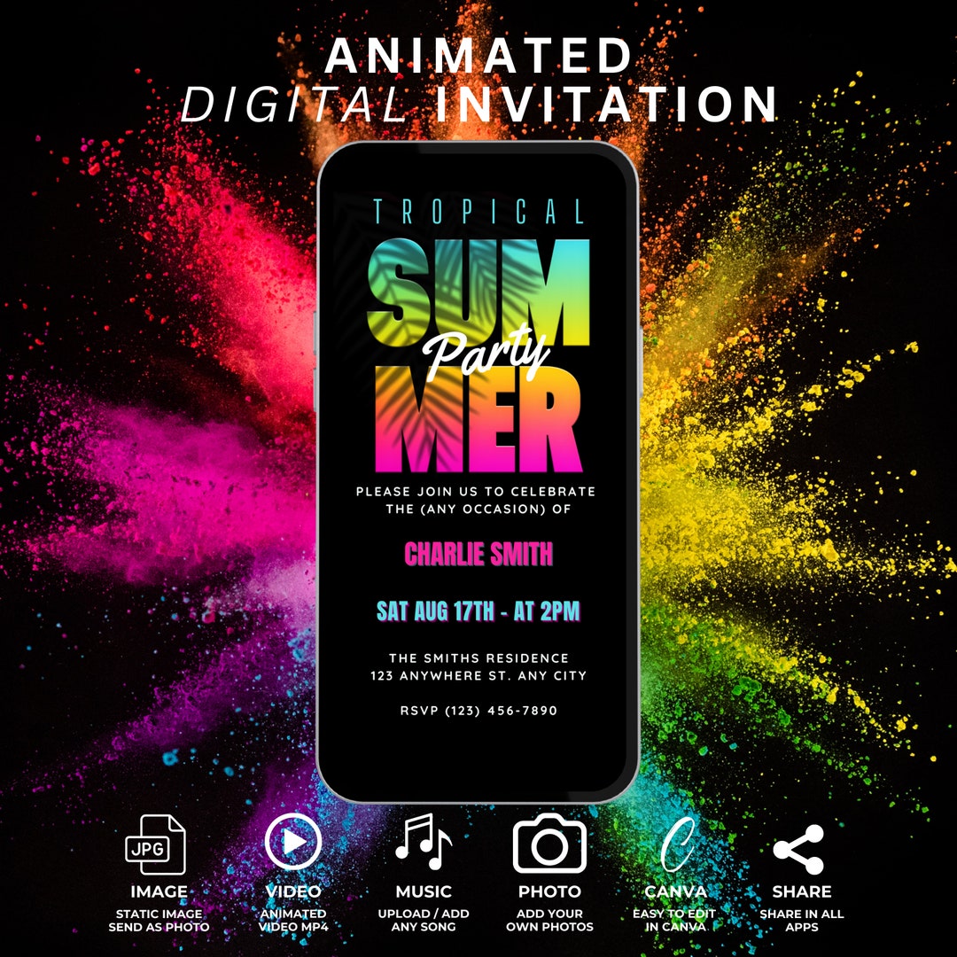 Animated Tropical Summer Party Invitation Digital, Hello Summer Invite ...