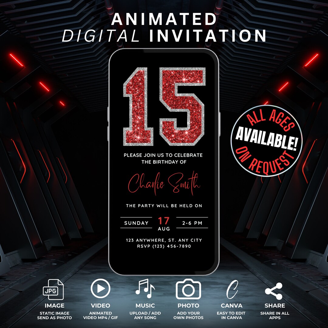 15th Birthday Invitation Animated, 15th Birthday Party Invite for Boys ...