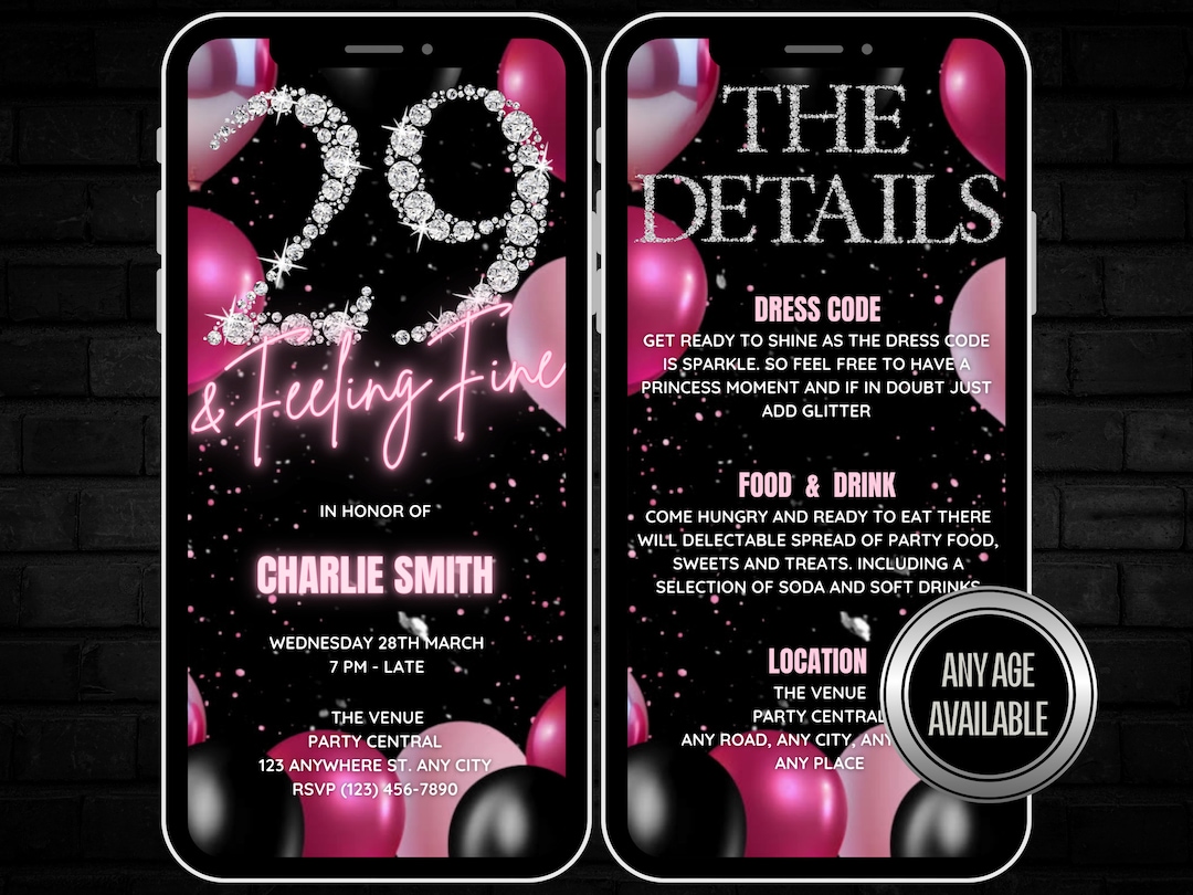 29th Birthday Invitation for Women, 29 and Feeling Fine Invite, Pink ...