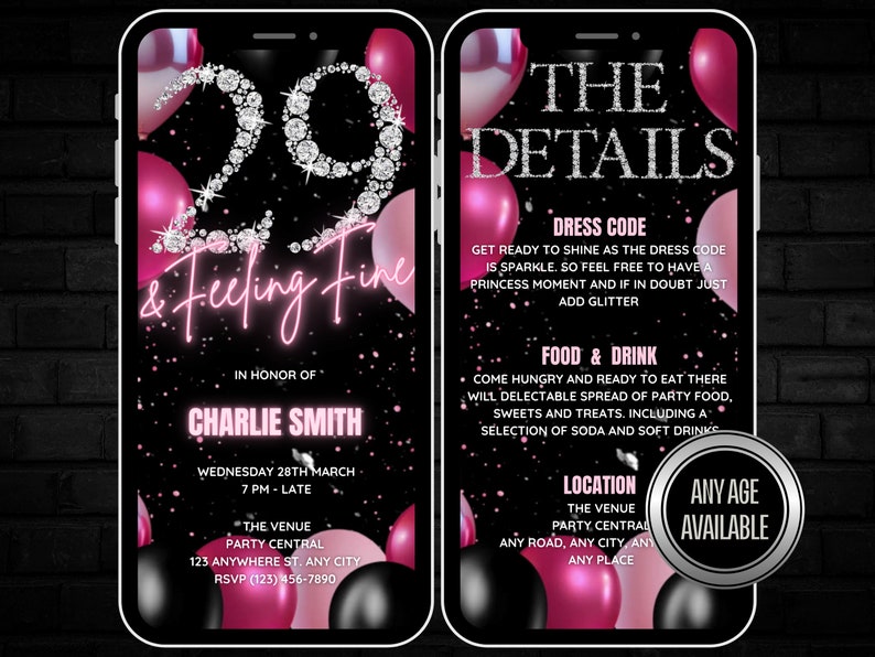 29th Birthday Invitation for Women, 29 and Feeling Fine Invite, Pink ...