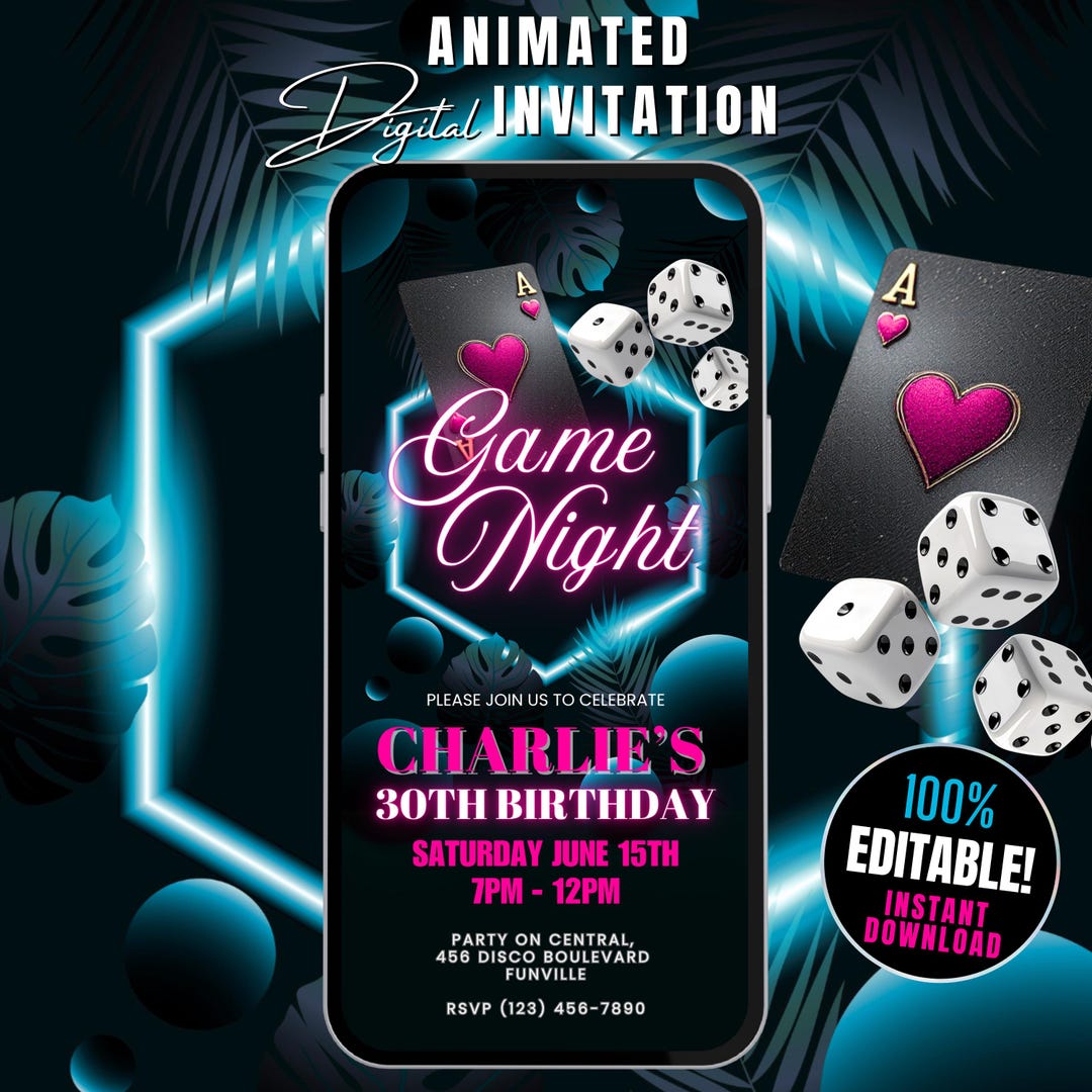 Digital Game Night Birthday Invitation Template, Custom Neon Blue Girls ...