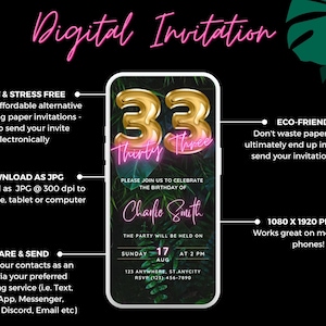 Digital 33rd Birthday Party Invitation Template, Neon Pink Tropical ...