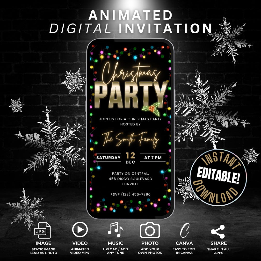 Animated Digital Christmas Party Invitation Template, Editable ...