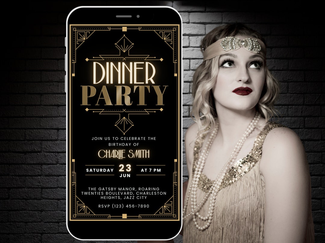 Black & Gold 1920s Dinner Party Invitation, Gatsby Themed Invitation ...
