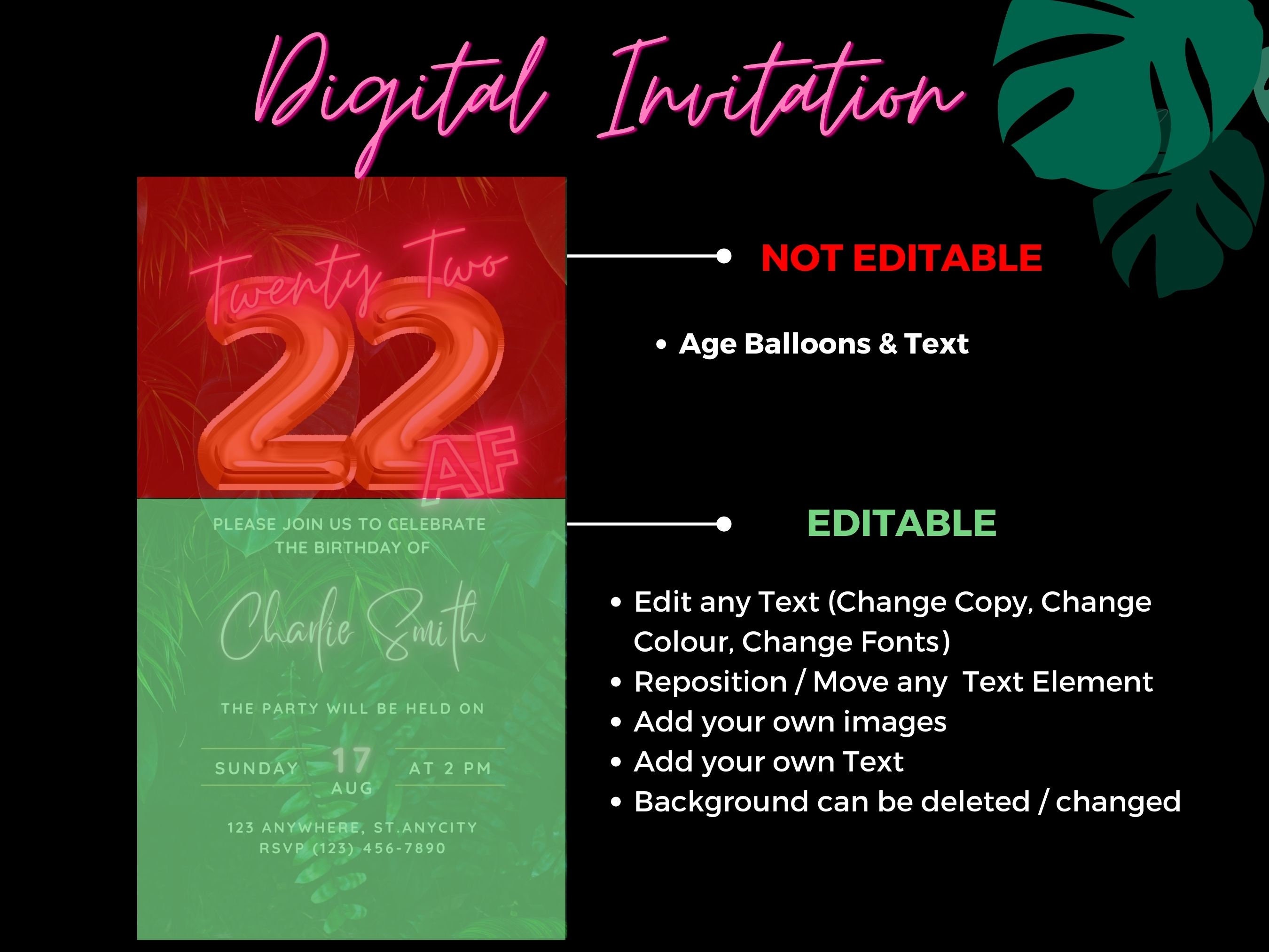 Digital 22 AF 22nd Birthday Party Invitation Template Neon - Etsy