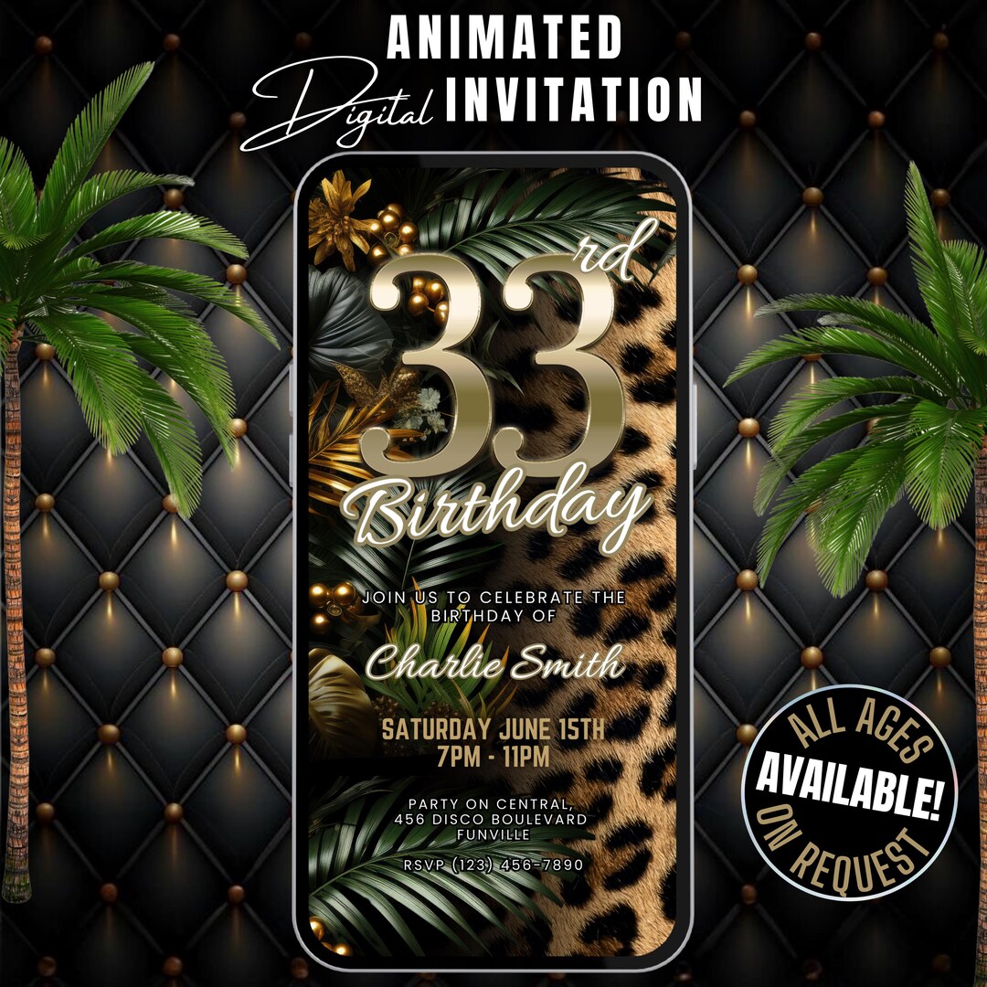 Leopard Print 33rd Birthday Party Invitation Template, Editable Gold ...