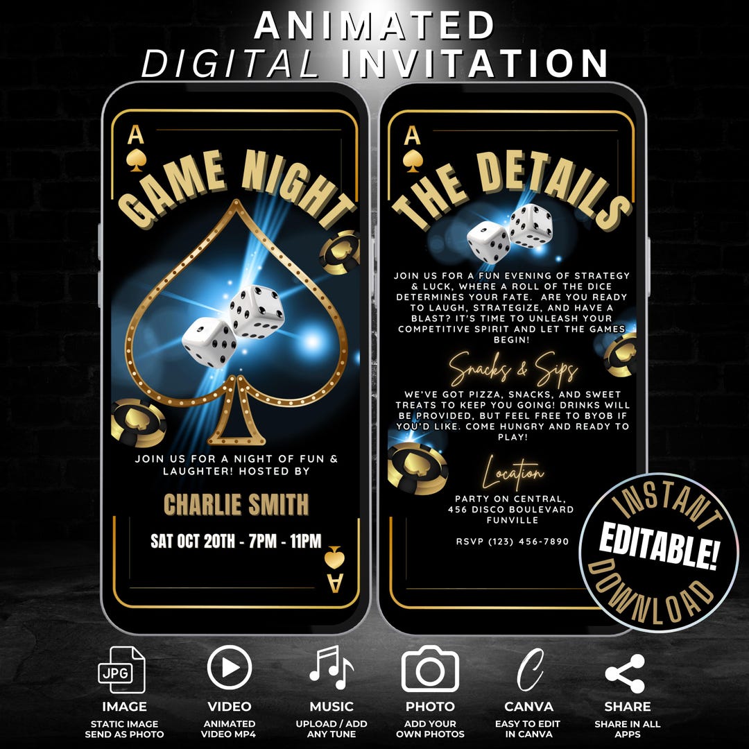 Digital Game Night Video Invitation for Adults, Animated Family Game ...