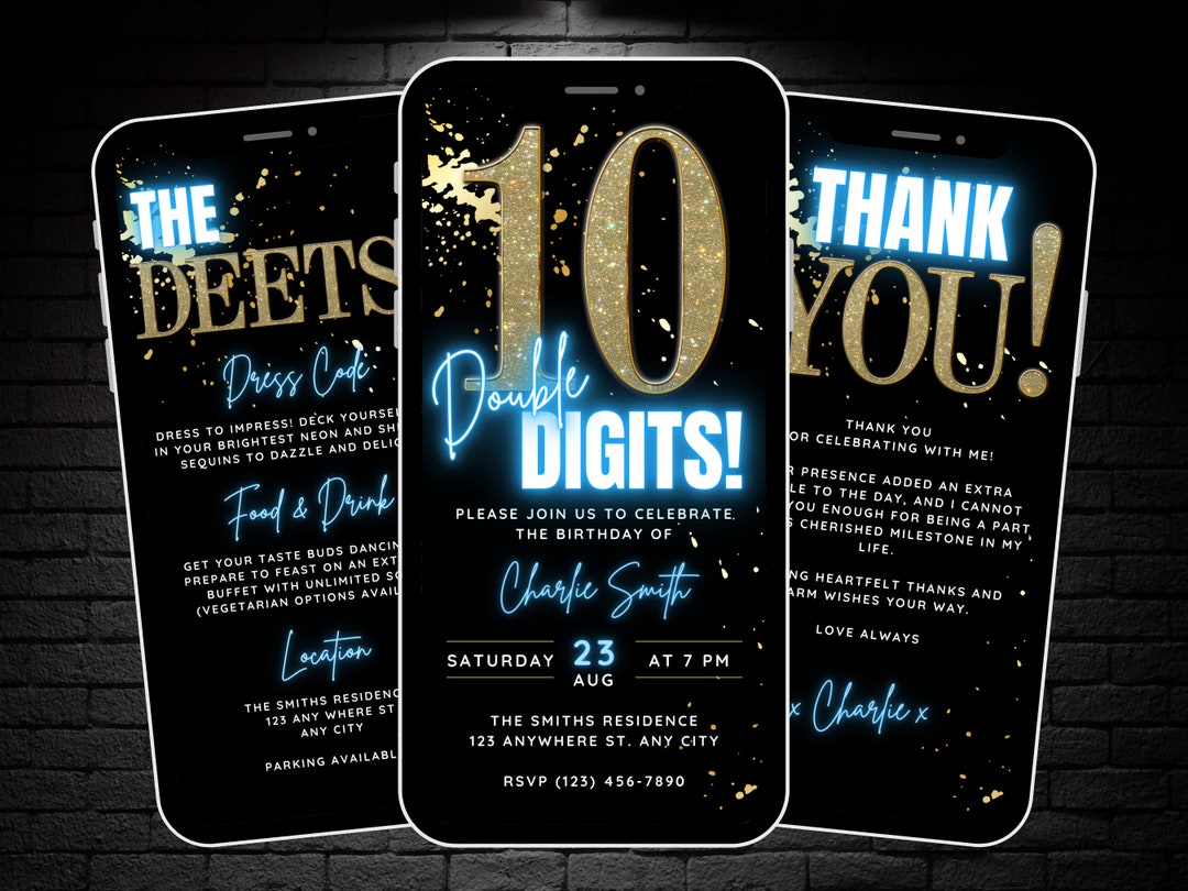 Animated Double Digits Invite, Girls 10th Birthday Party Invitation, 10 ...