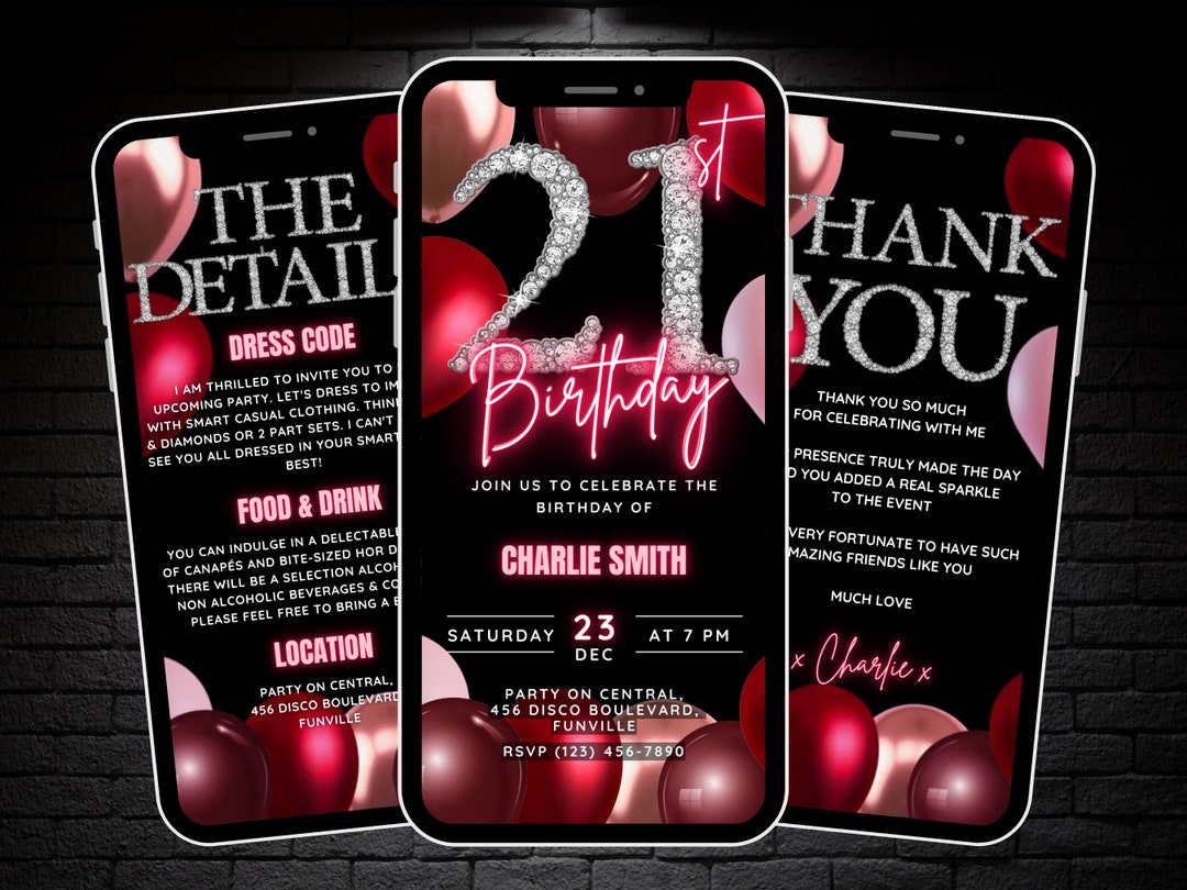 Girls 21st Birthday Digital Invitation Template, Editable Animated Red ...