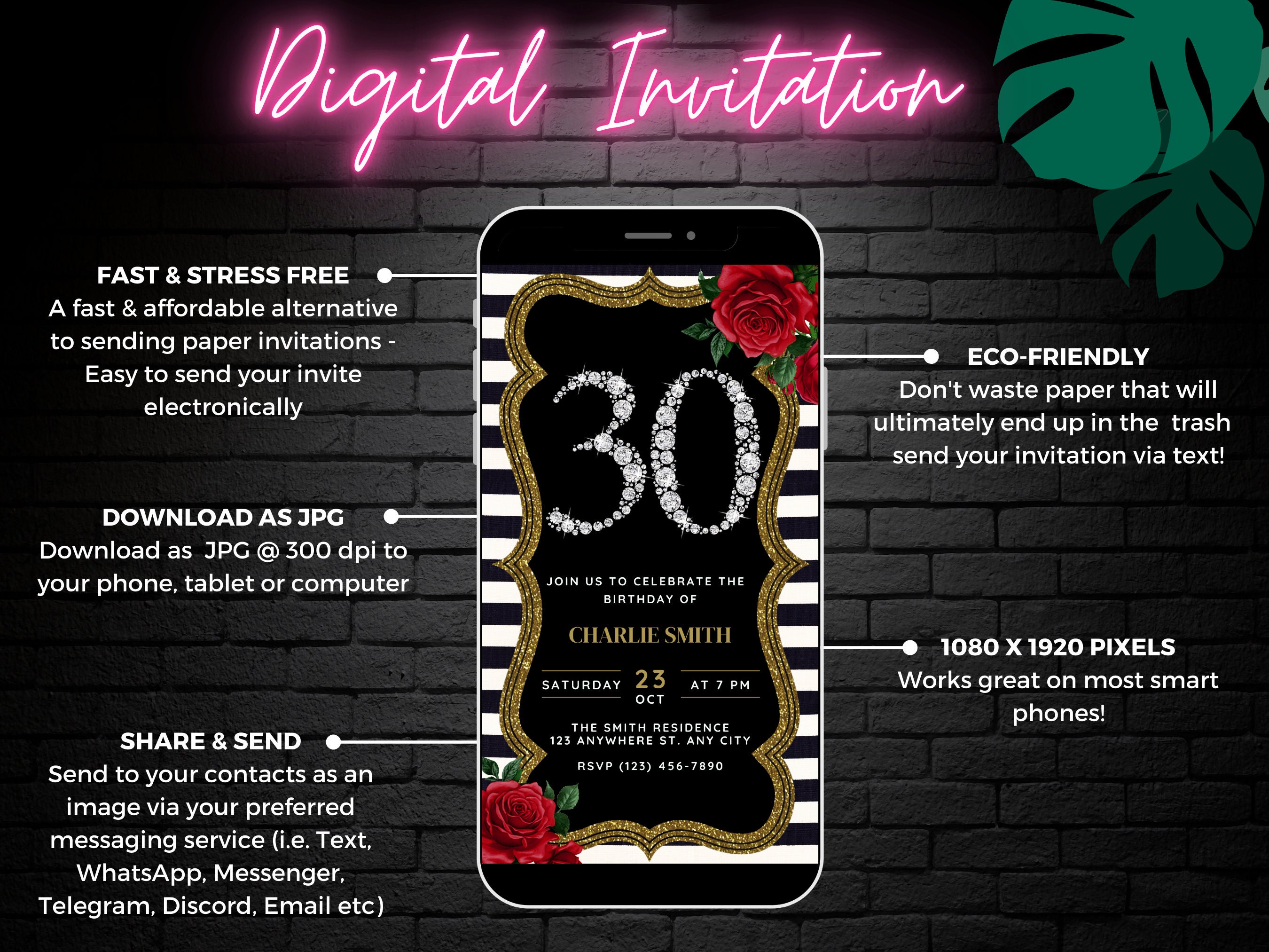 Womens 30th Birthday Invitation Template Black Gold 30th - Etsy