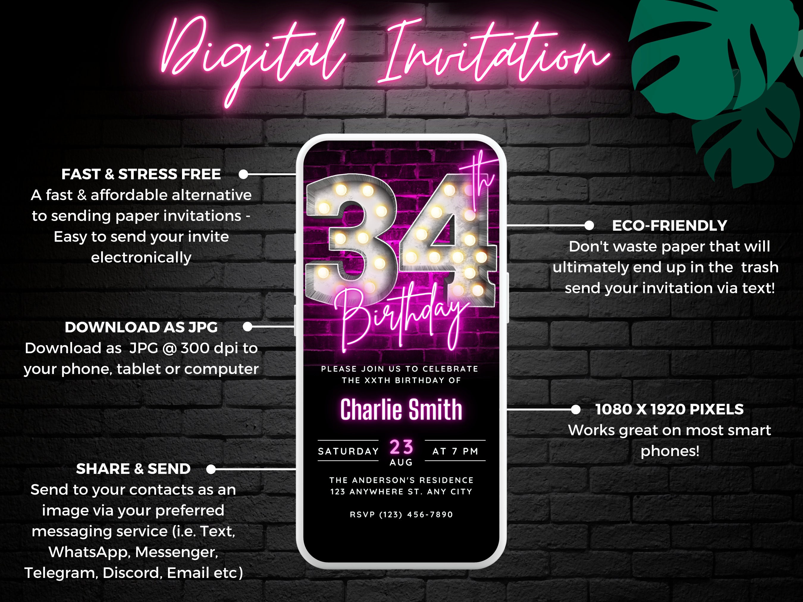 Editable 34th Birthday Invitation for Women Digital Template - Etsy