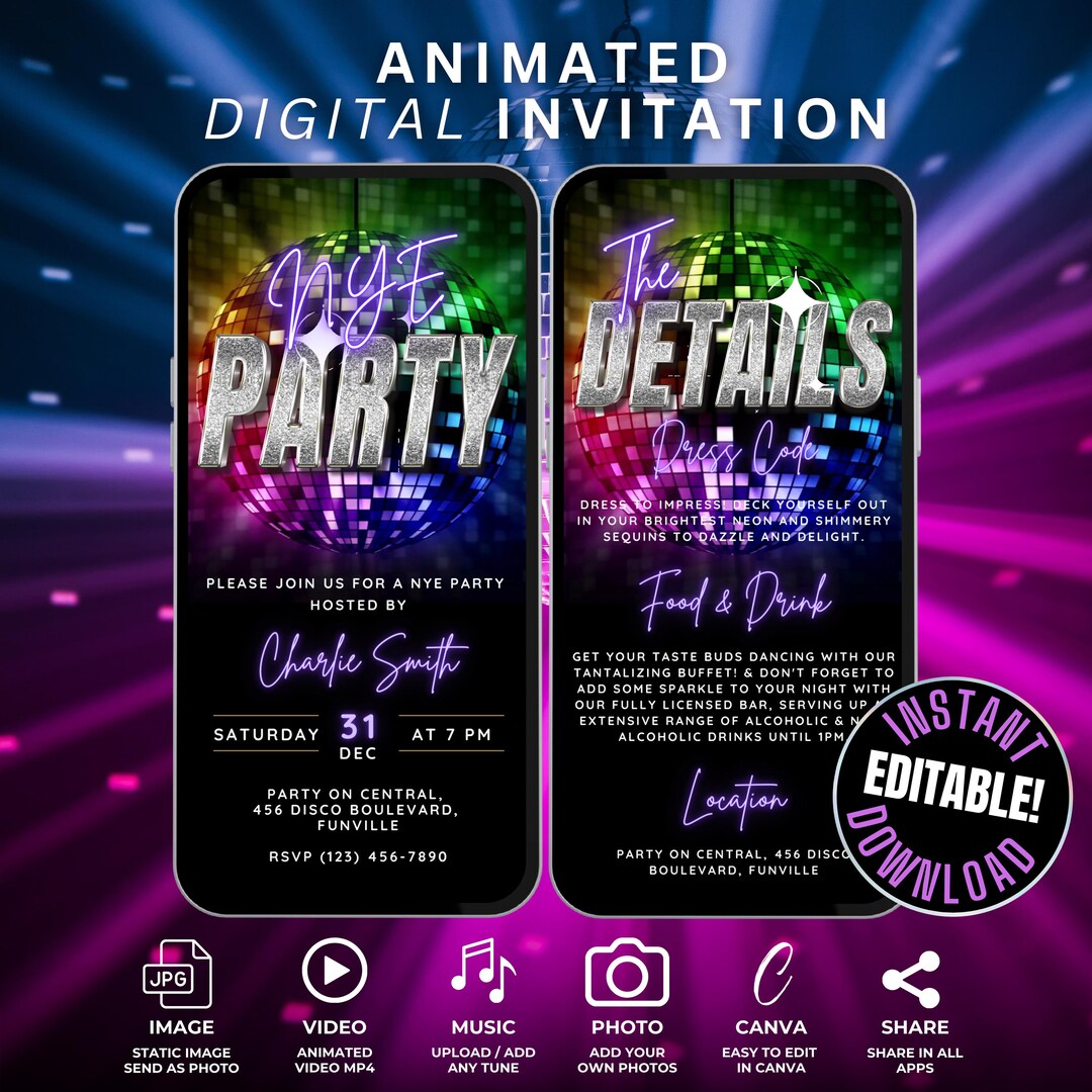 NYE Party Invitation Template, Editable Animated New Years Eve Party ...