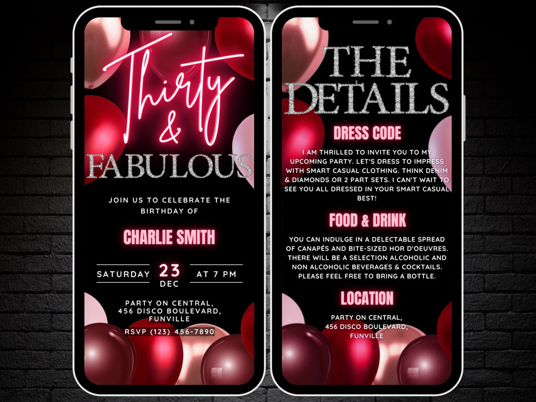 Thirty & Fabulous 30th Birthday Digital Invitation Template, Editable ...