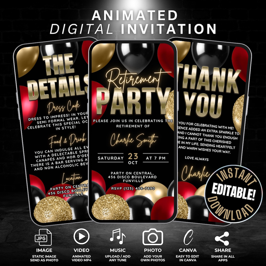 Retirement Party Video Invitation Digital Template, Red and Gold ...