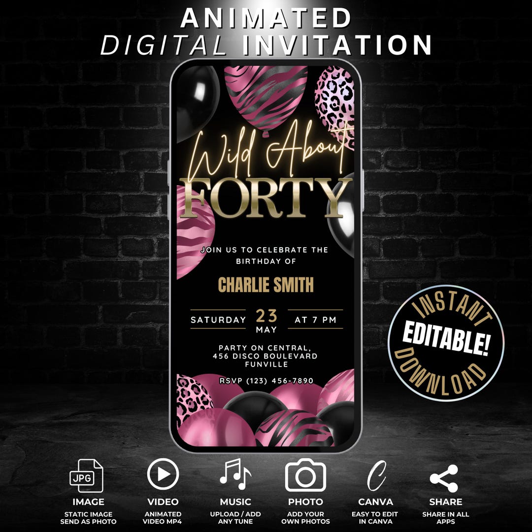 Digital Wild About Forty Birthday Invitation Template, Editable Gold ...