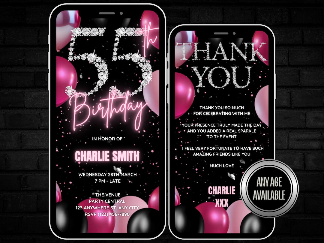 55th Birthday Invitation for Women, Animated 55th Bday Party Invite for ...