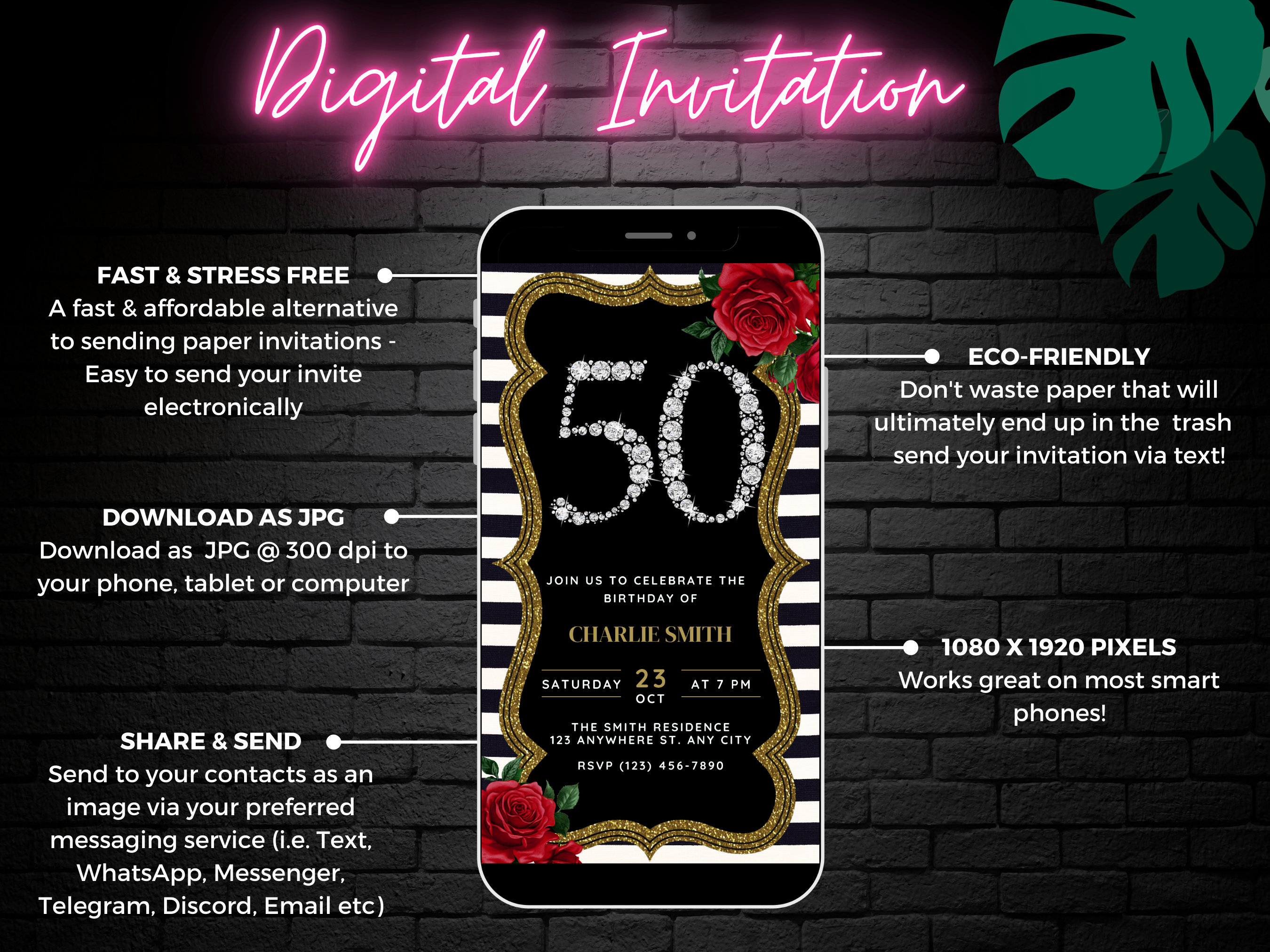 Womens 50th Birthday Invitation Template, Black & Gold 50th Digital ...