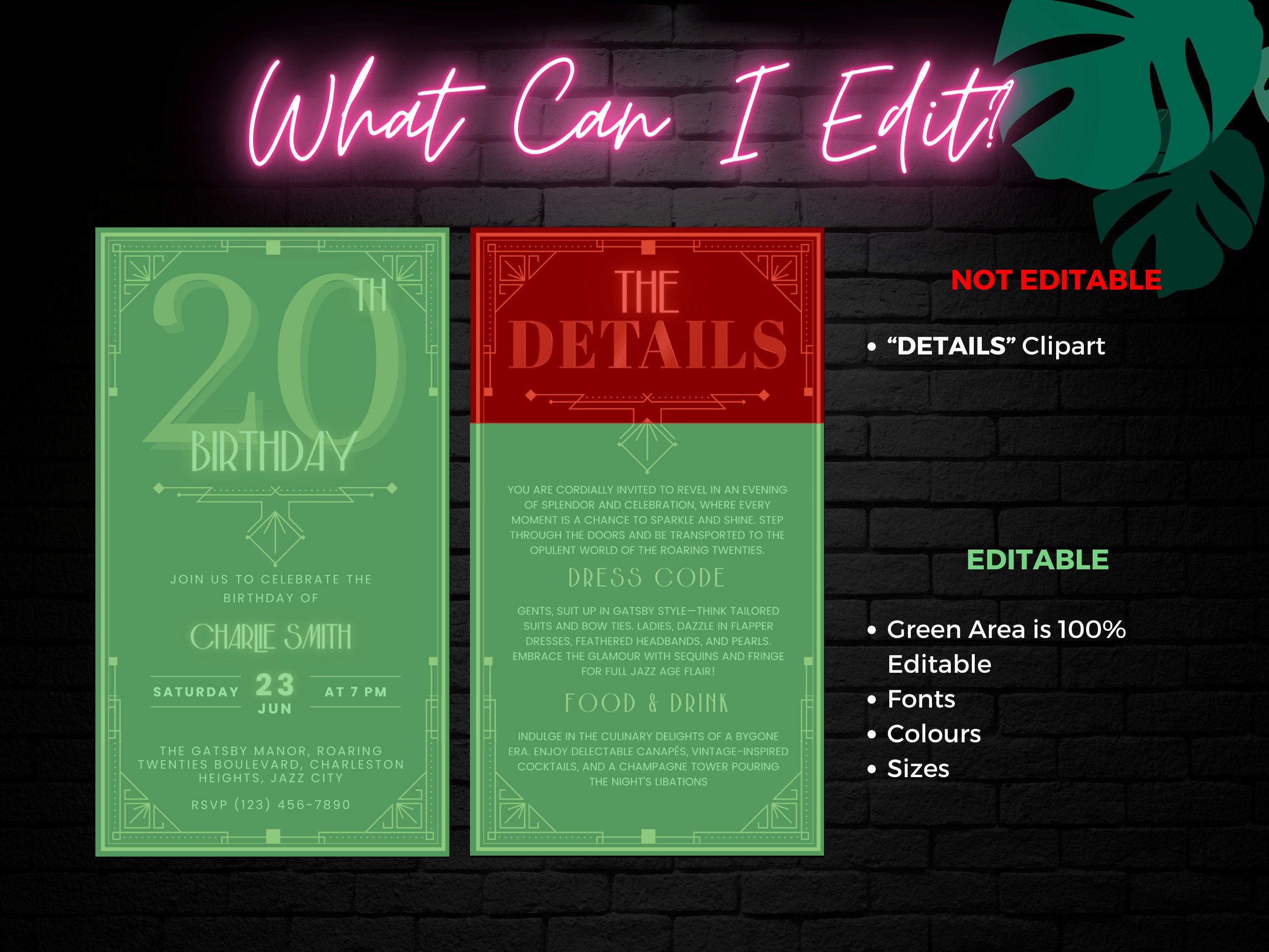 Gatsby 1920s Themed Party Invitation Template, Editable Art Deco ...