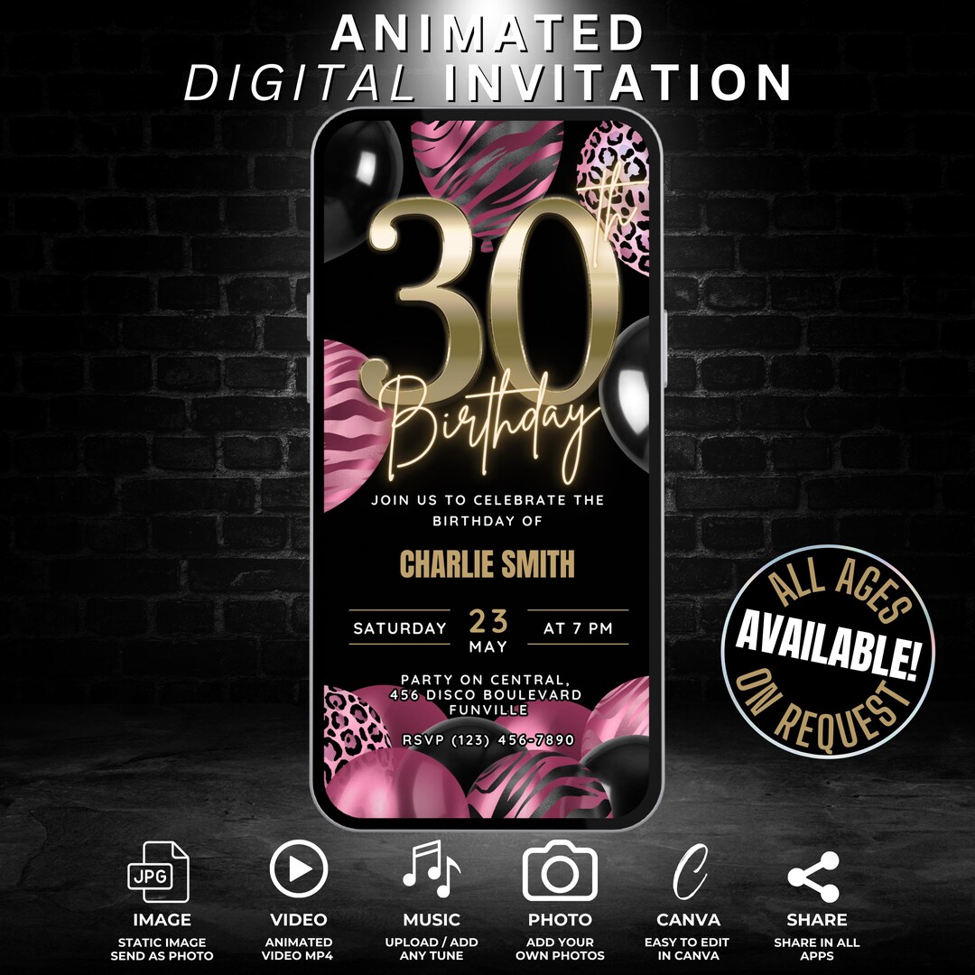 Digital 30th Birthday Party Invitation Template, Editable Thirty ...