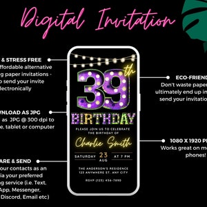 Editable 39th Birthday Invitation Template Digital Invite for Her, 39th ...