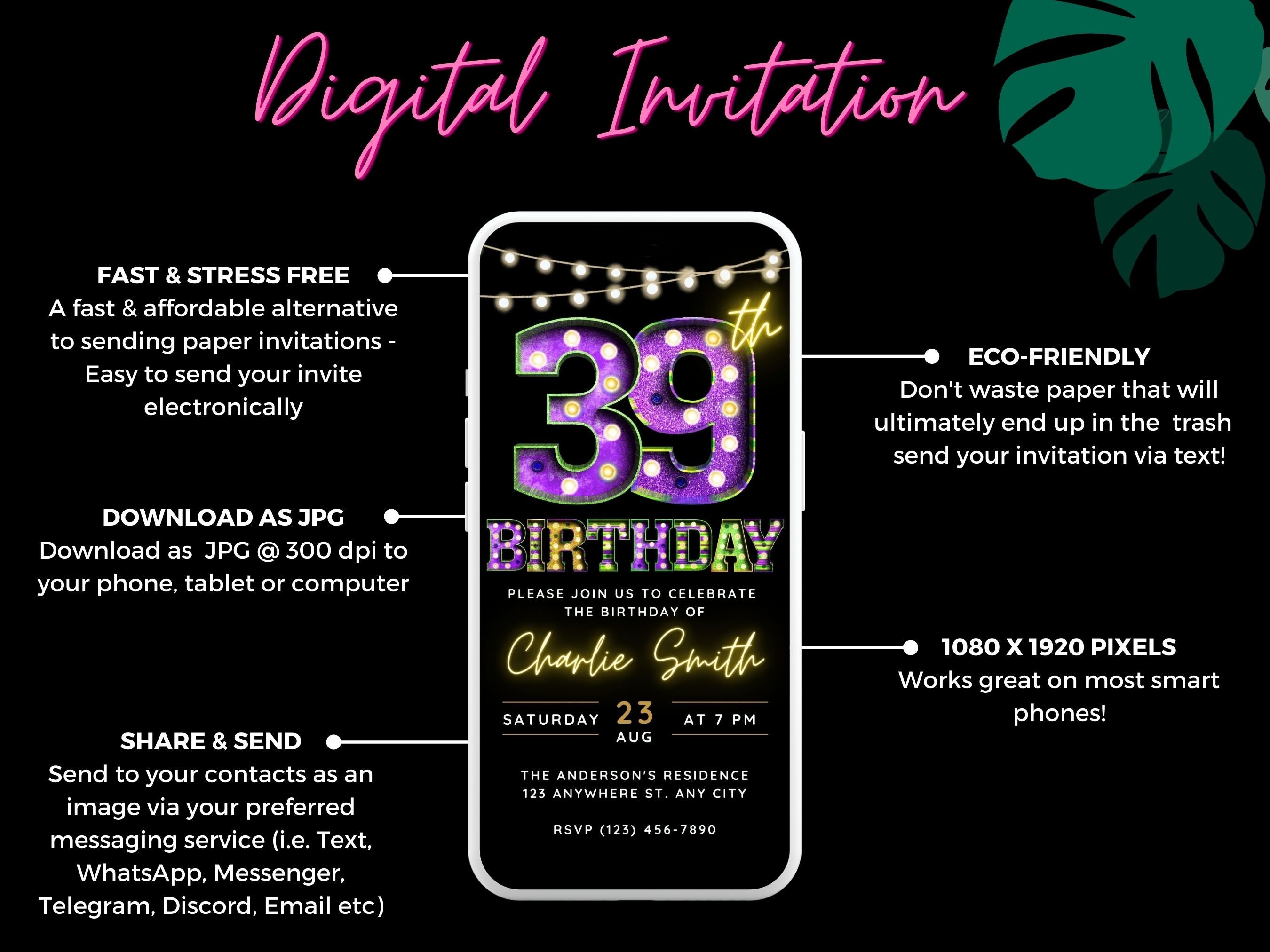 Editable 39th Birthday Invitation Template Digital Invite for - Etsy