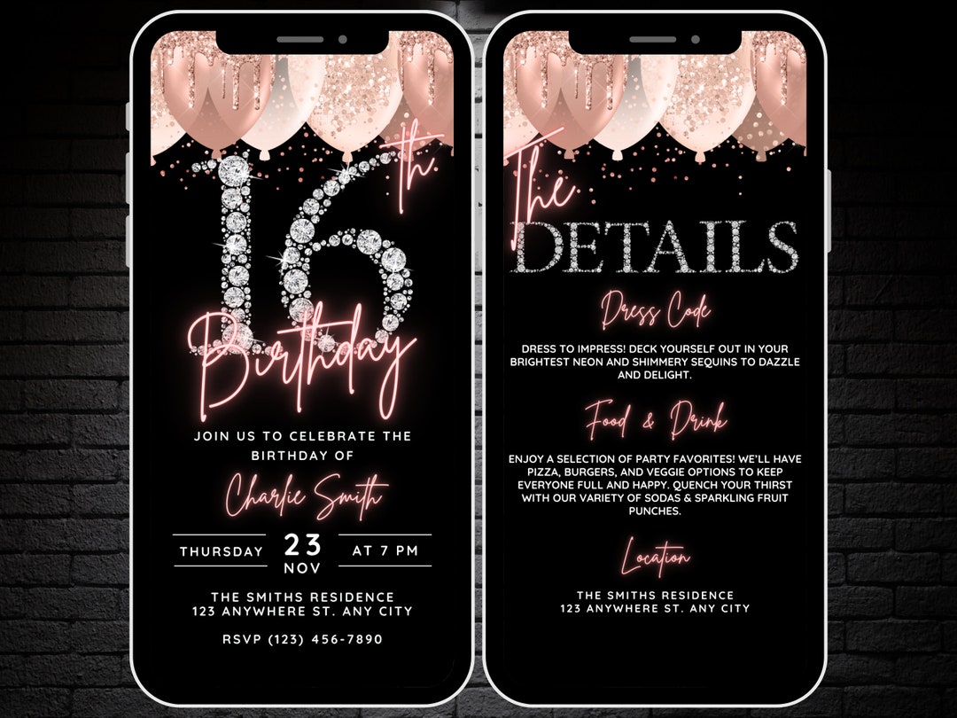 16th Birthday Invite for Girls, Digital 16th Birthday Party Invitations ...