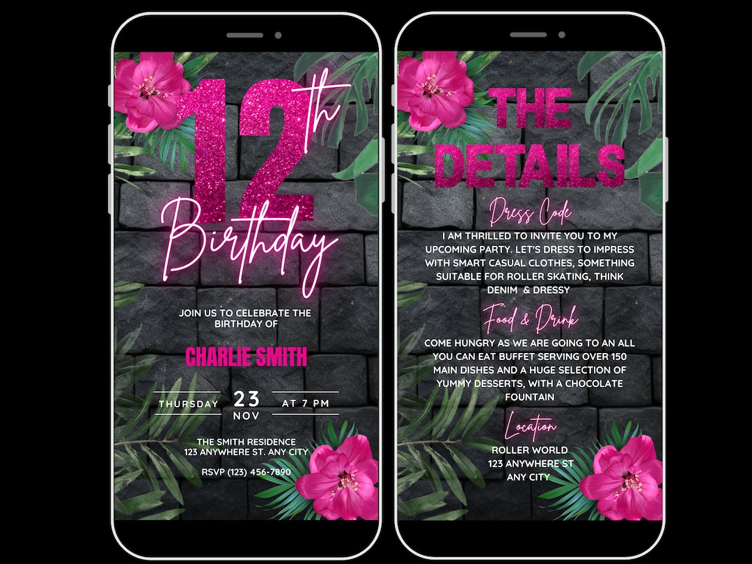 Animated Girls 12th Birthday Invitation, Digital Neon Pink 12th ...