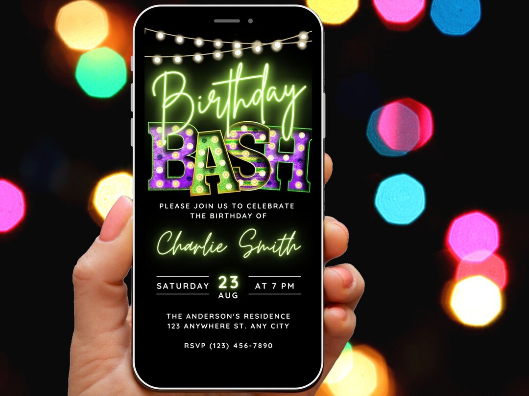 Digital Birthday Bash Party Invitation Template, Editable Green Purple ...