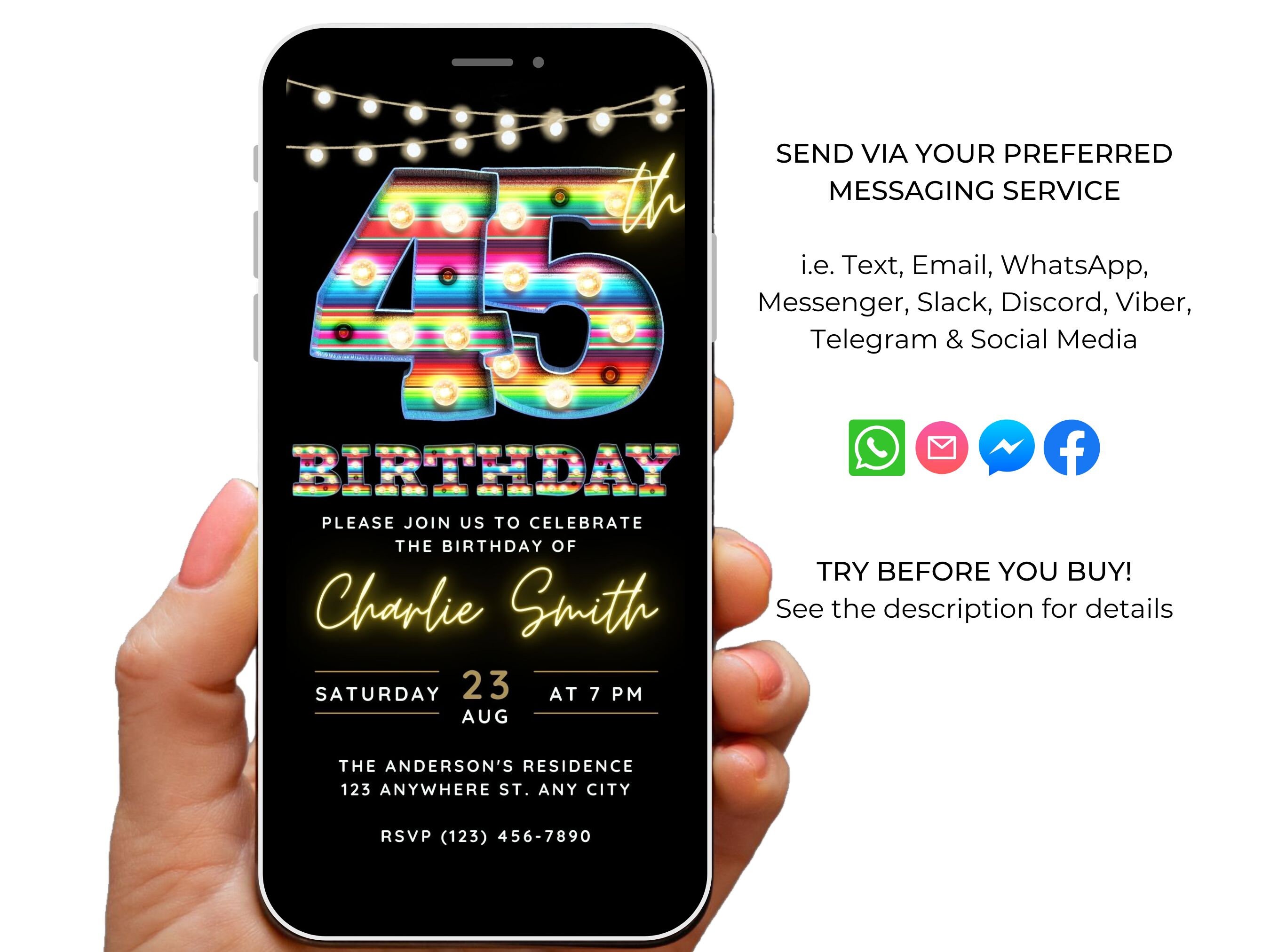 Editable 45th Birthday Invitation Template Digital Invite for - Etsy