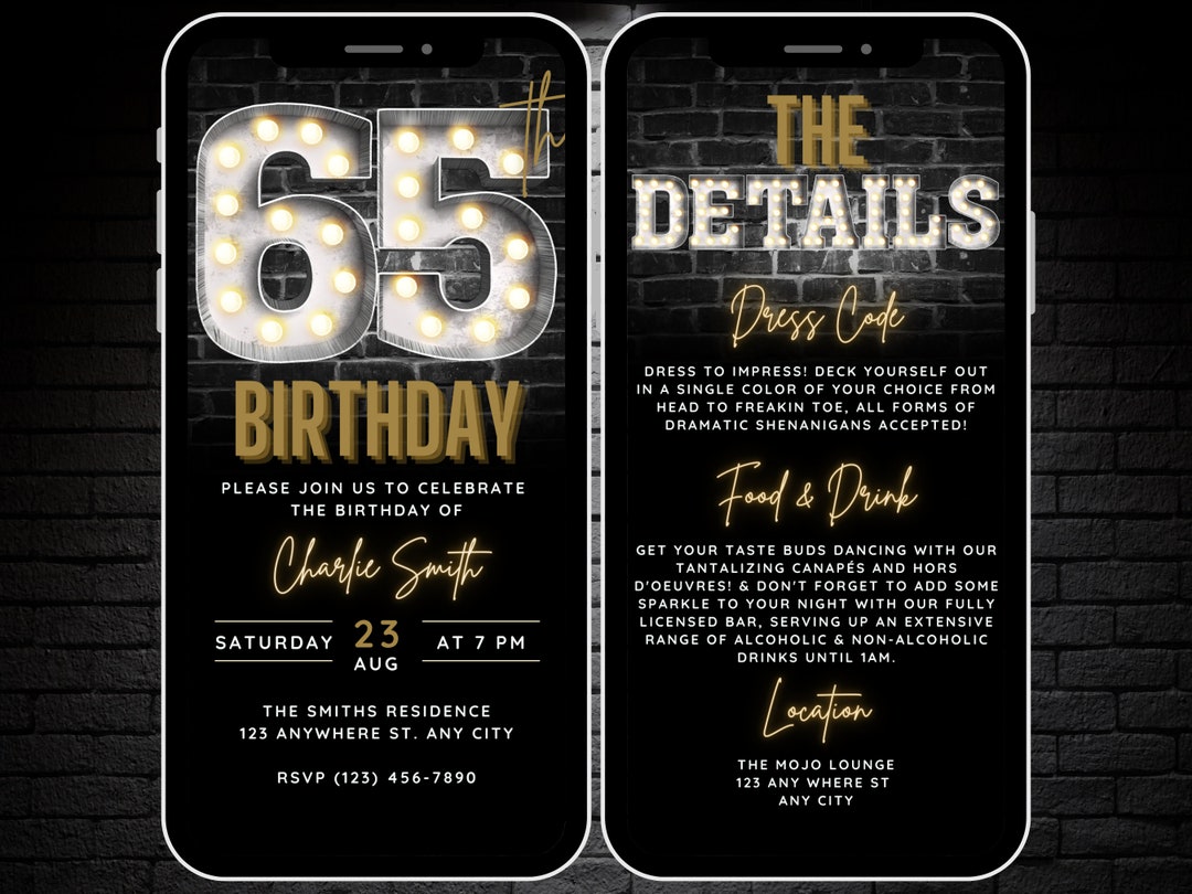 Mens 65th Birthday Invitation, 65th Digital Invite Black Gold Invite ...