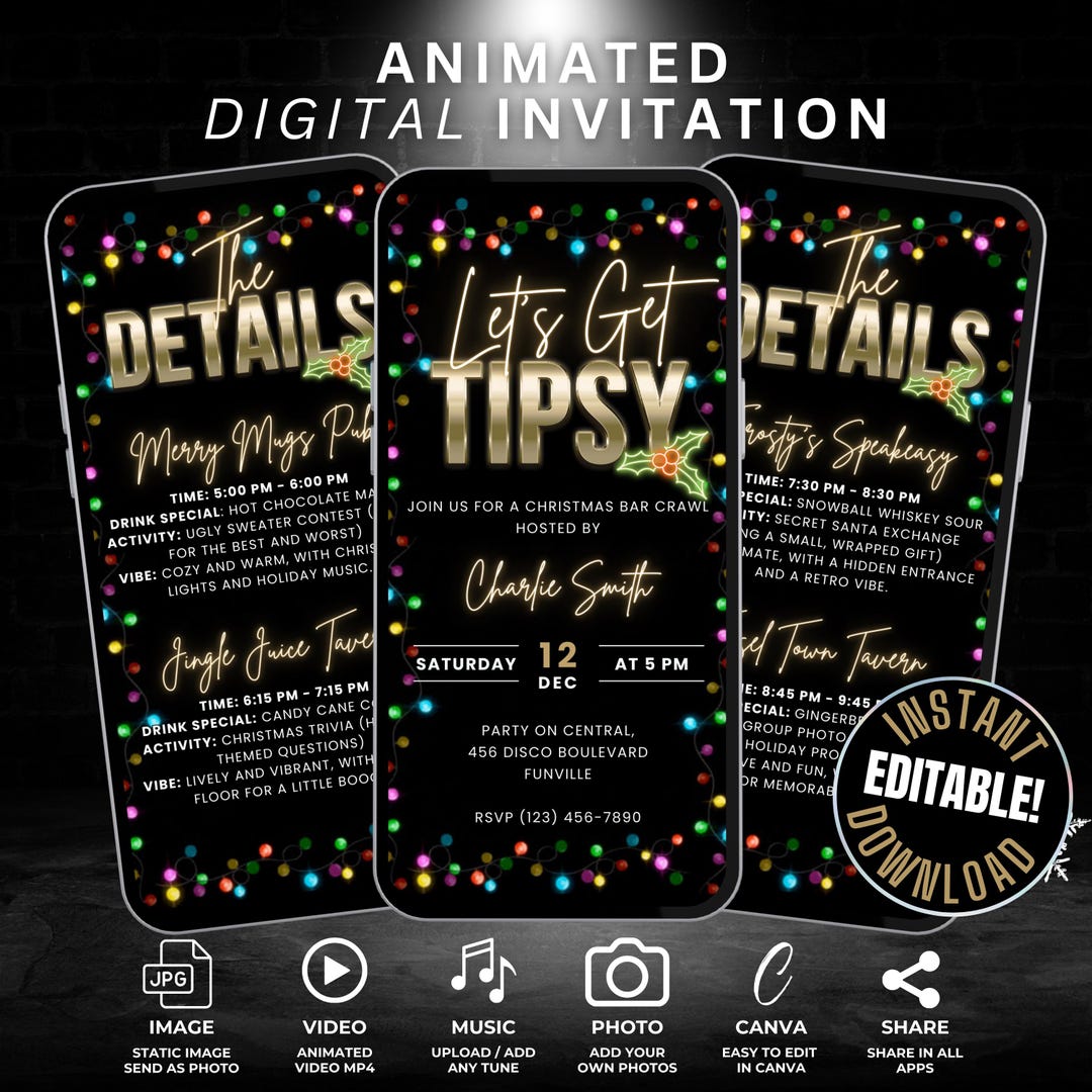 Animated Digital Lets Get Tipsy Christmas Bar Crawl Invitation With ...