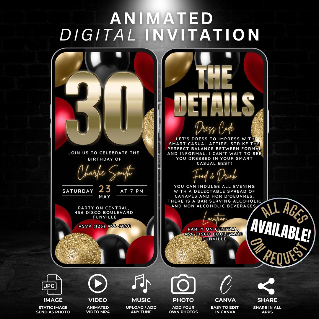 30th Birthday Video Invitation Digital Template, Editable Red Black ...