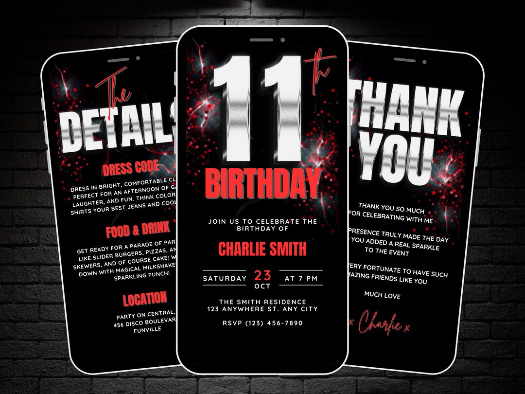 Boys 11th Birthday Invitation Silver Red Black 11 Year Old Birthday ...