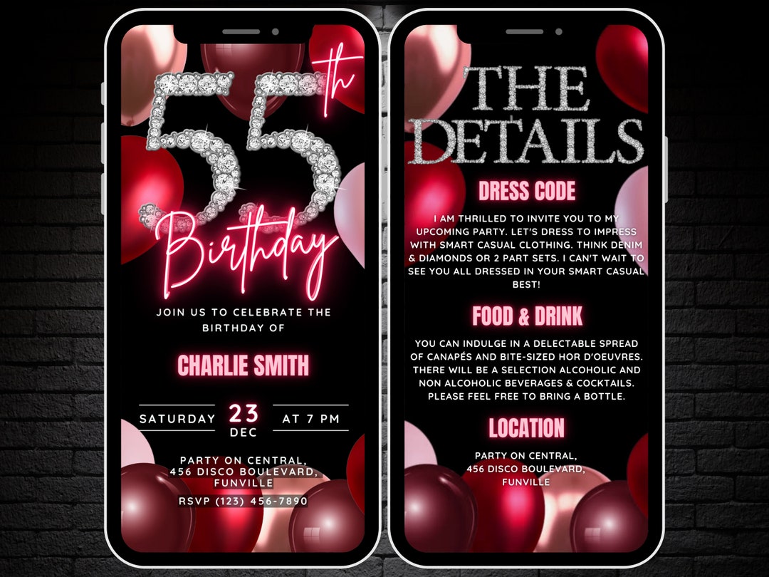 Womens 55th Birthday Invitation Template, Editable Animated Red & Pink ...