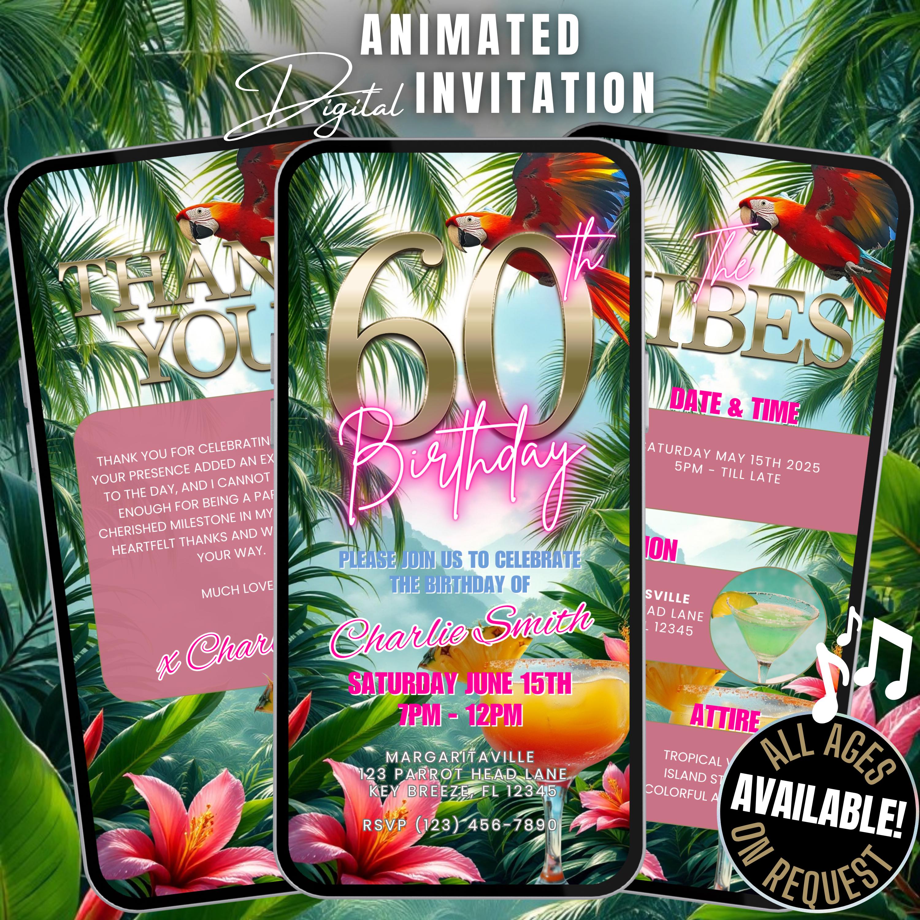Digital 60th Tropical Party Invitation Itinerary Template, Editable ...