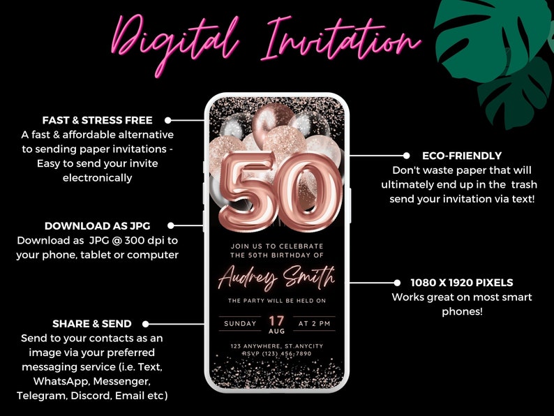 50th Birthday Digital Invitation Electronic Rose Gold 50th - Etsy