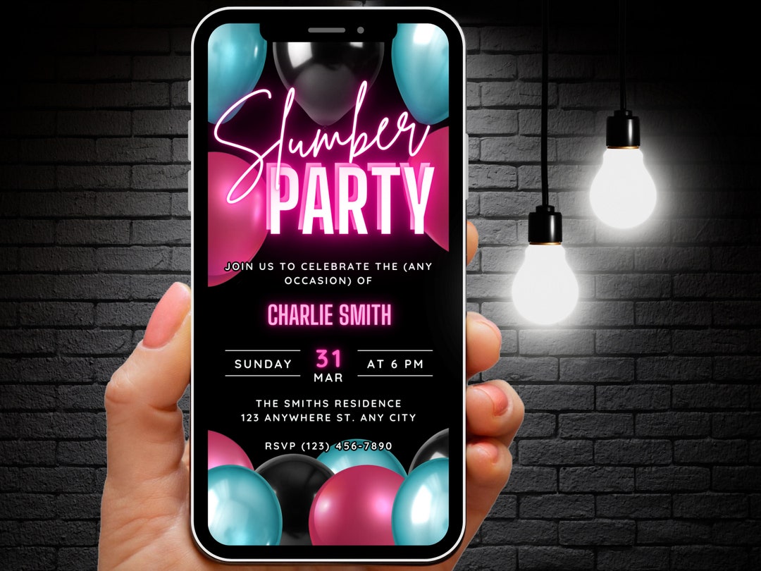 Digital Slumber Party Invitation, Animated Pajama Birthday Invite, Neon ...
