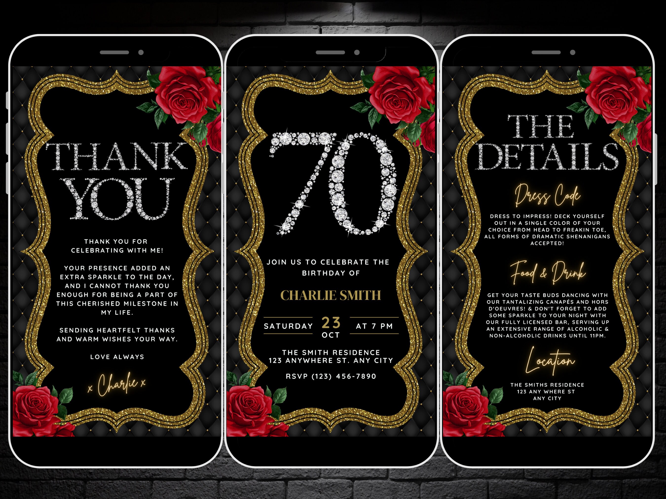 Womens 70th Birthday Invitation Template Red Gold 70th Invite - Etsy