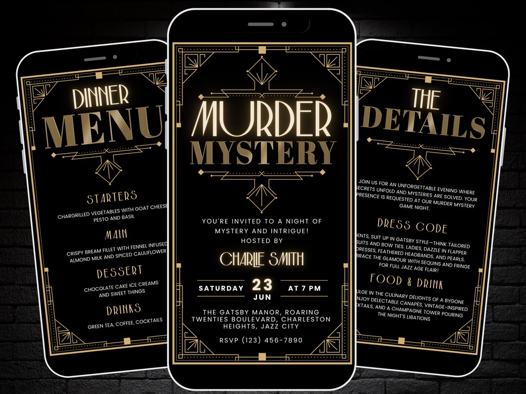 Digital Murder Mystery Dinner Party Invitation Bundle With Menu, Great ...