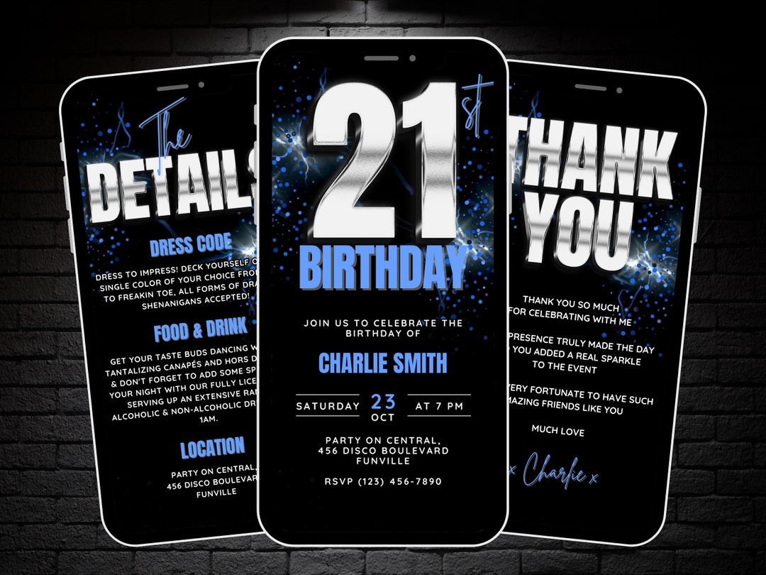 Animated 21st Birthday Party Invitation for Men, Silver & Blue 21 ...