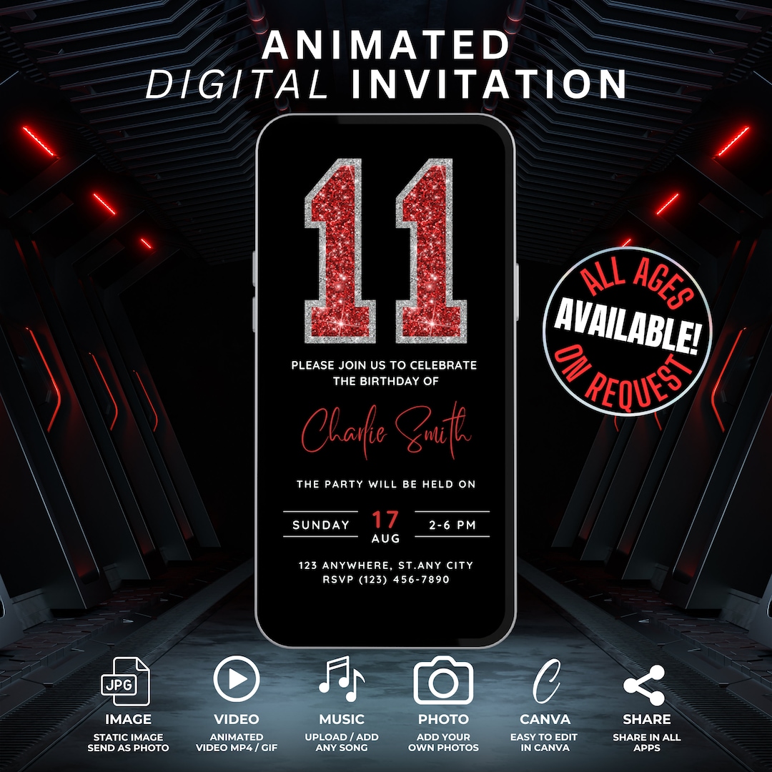 Animated 11th Birthday Invitation Boy, Red & Silver 11 Birthday Video ...